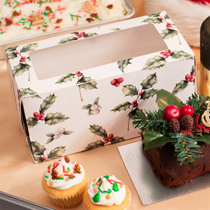 Vintage Holly Christmas Log Cake Box - 8 x 4in | Craft Company