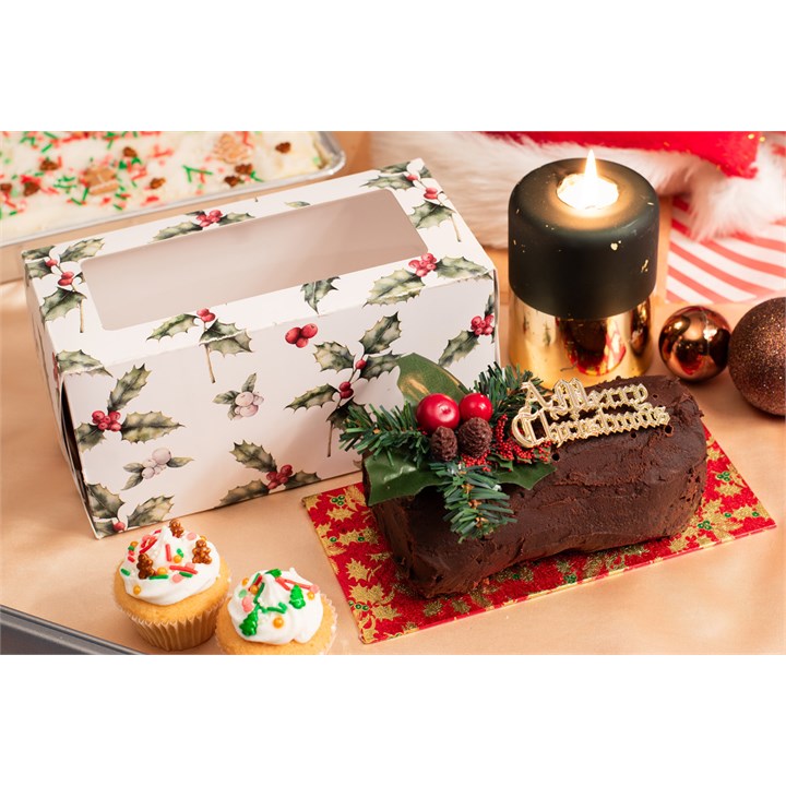 Vintage Holly Christmas Log Cake Box - 8 x 4in | Craft Company